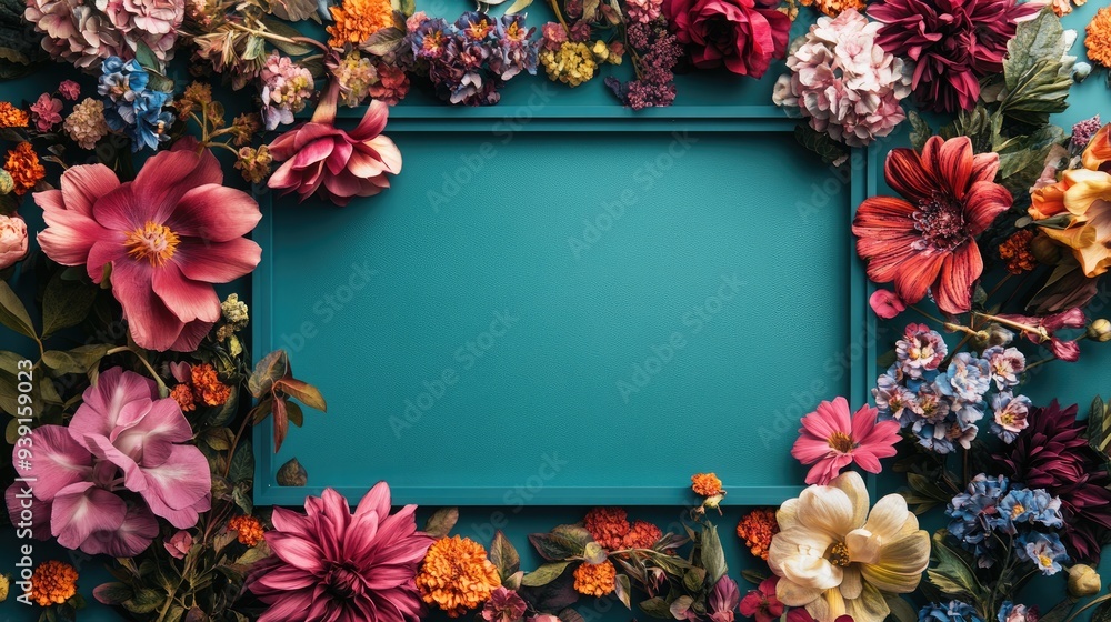 Landscape-oriented blank frame surrounded by a vibrant array of ...