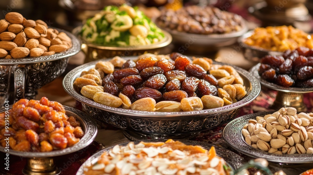 Lavish display of traditional Arabic food for Ramadan, with dates and ...