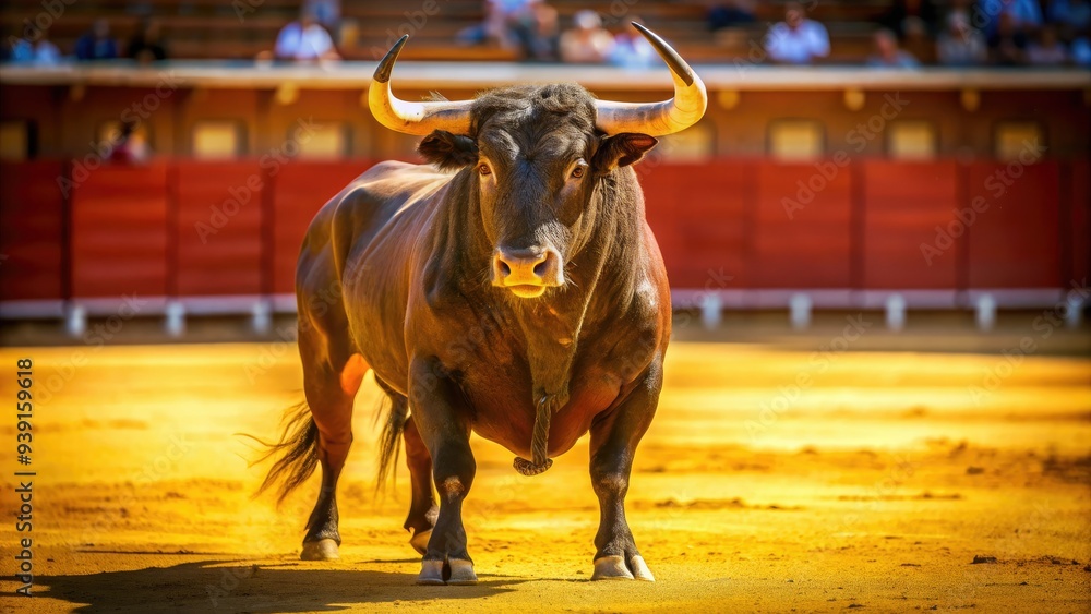 Majestic Spanish fighting bull stands proudly in a sun-drenched arena ...