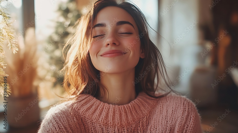 Love yourself concept Photo of lovely smiling woman embraces herself ...