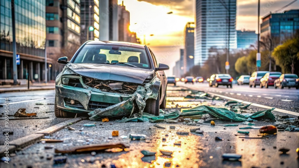 Mangled wreckage of a car scattered across the asphalt, surrounded by ...
