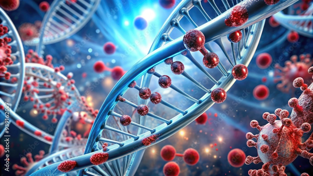 Microscopic view of a DNA double helix structure with blood cells and ...