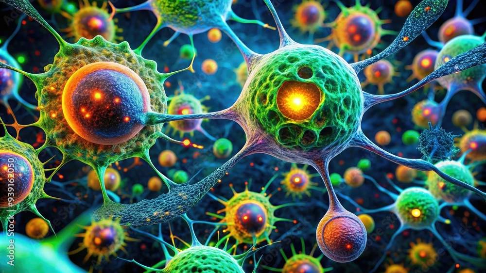 Microscopic view of fluorescently labeled cells interacting with ...