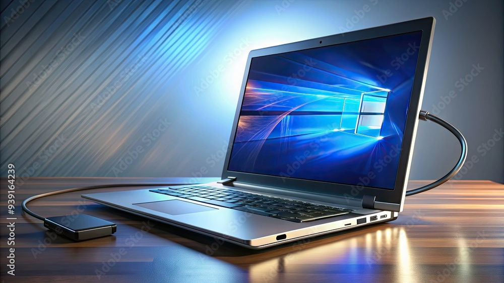 Modern computer laptop with open lid revealing illuminated screen ...