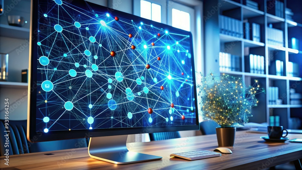 Modern computer screen displaying a complex network of interconnected ...