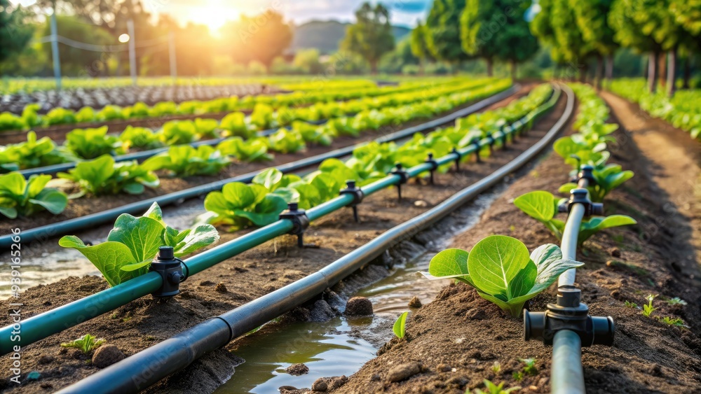 Modern drip irrigation system in a lush green vegetable garden, with ...