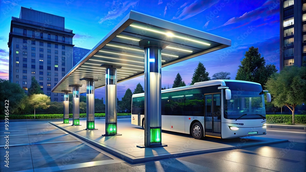 Modern electric bus charger station with sleek design and bright LED ...