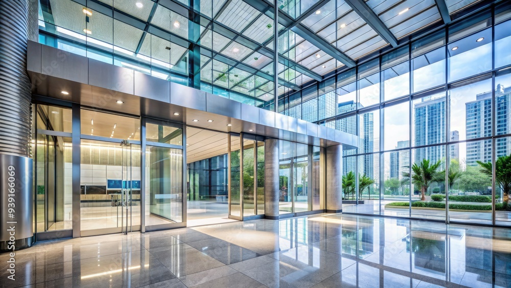 Modern glass tube-like architecture with automatic sliding doors ...