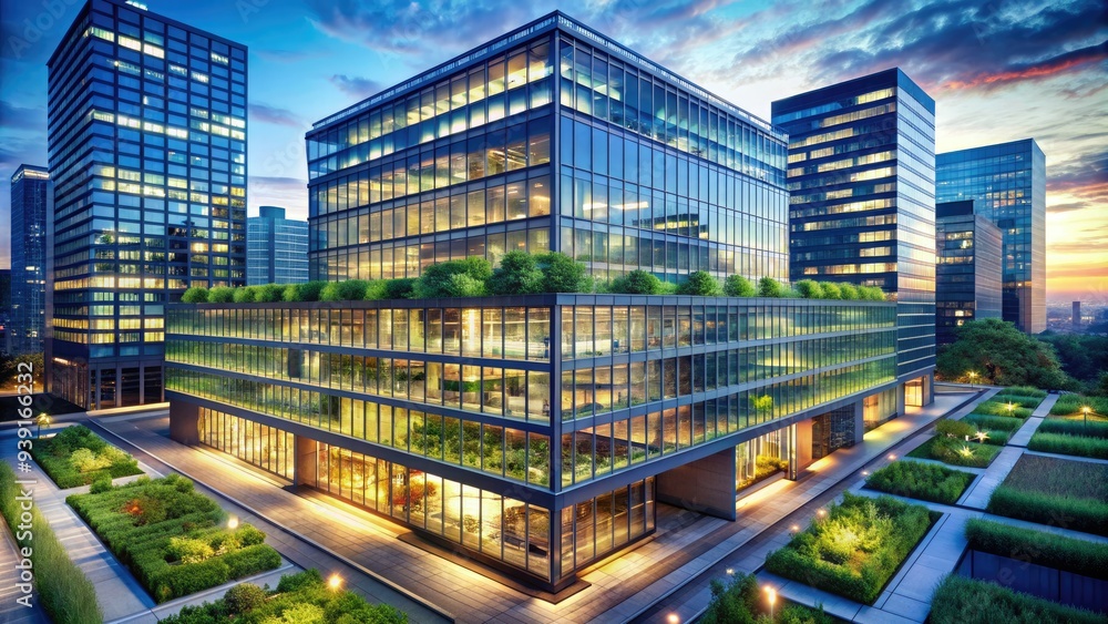 Modern high-rise office building with sleek glass and steel facade ...