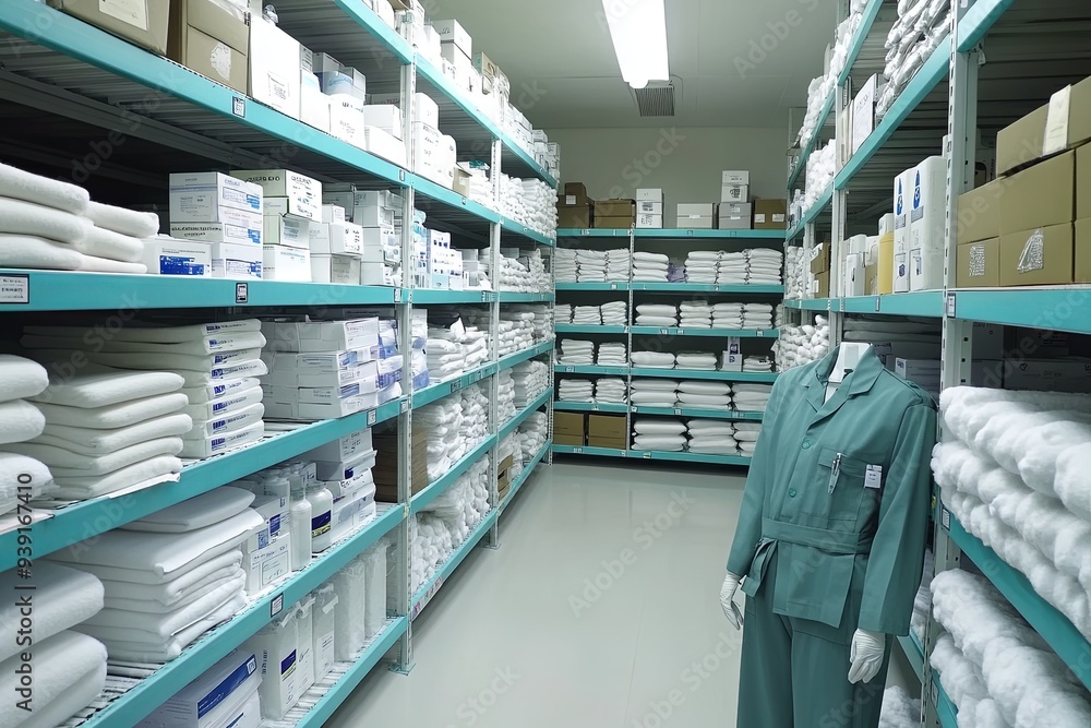 Stacks of white medical supplies on shelves in a hospital storage room ...