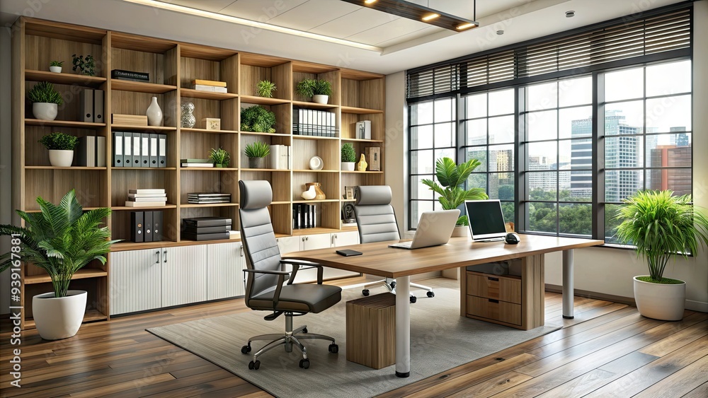 Modern office interior with a desk, chairs, and shelving units ...
