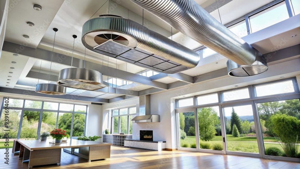 Modern whole-house ventilation system with sleek ductwork and vents ...