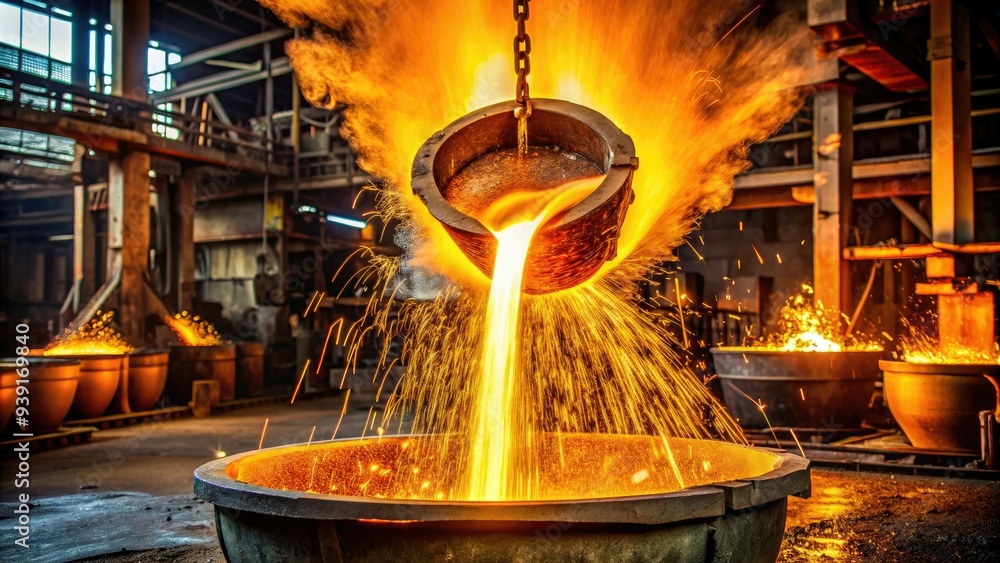 Molten metal drips from a crucible, its glowing orange liquid form ...