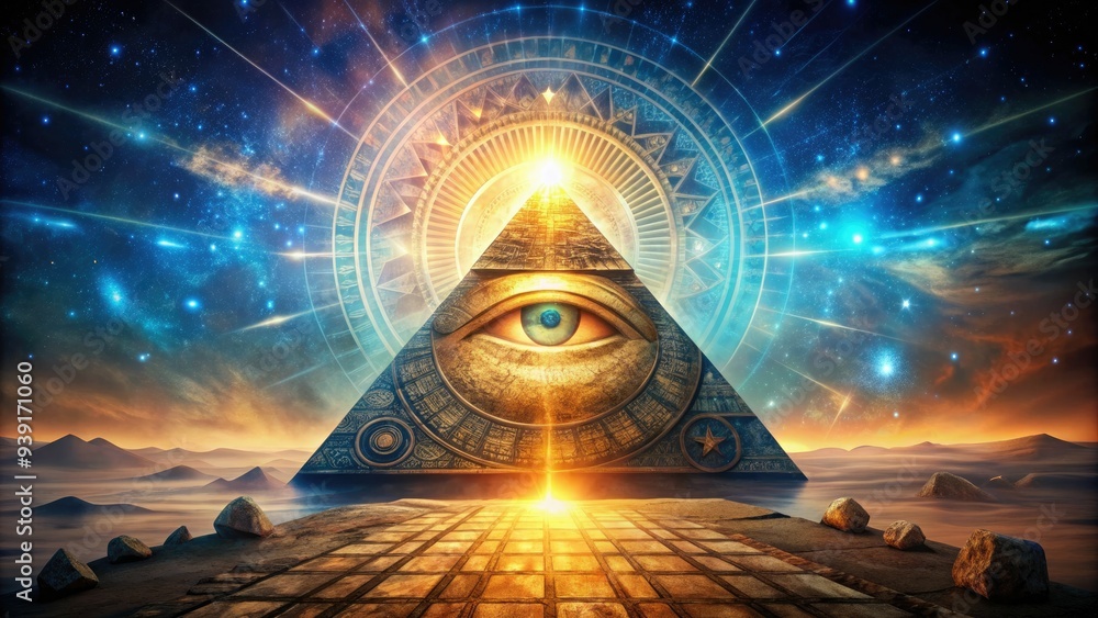 Mysterious pyramid with all-seeing eye shines brightly, surrounded by ...