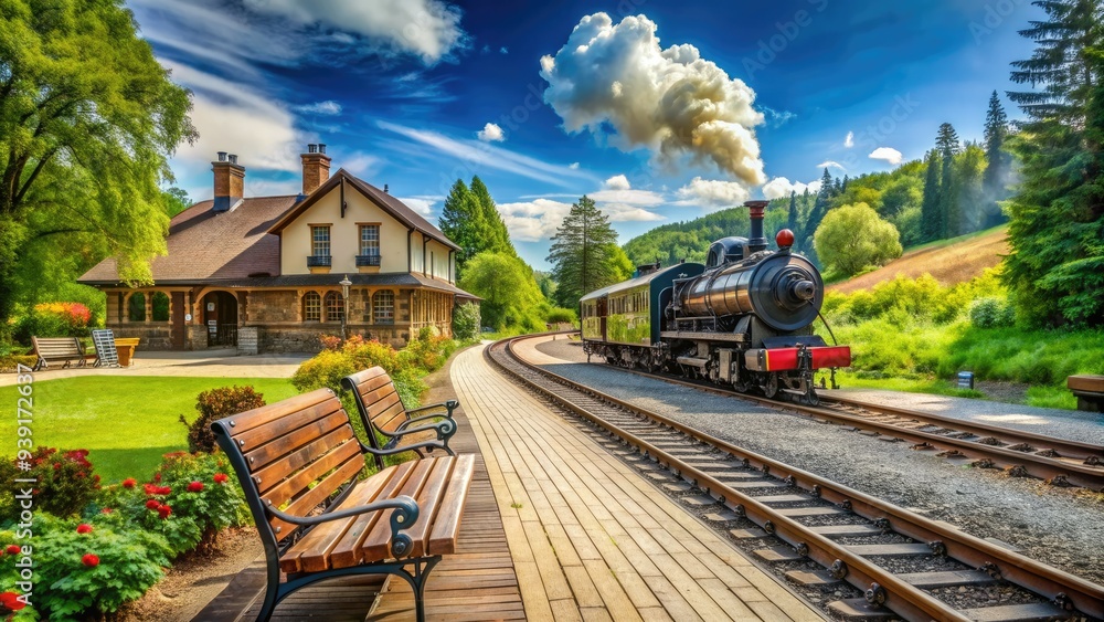 Old-fashioned steam train halted at a rural railroad station surrounded ...