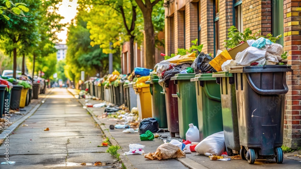 Overflowing urban garbage bins lined up on a dirty sidewalk, filled ...