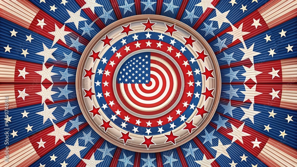 Patriotic circular design featuring stars and stripes pattern in shades ...