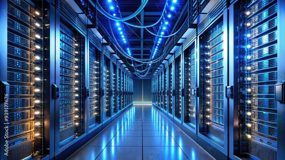 Rack-mounted servers and computers line a dark data center aisle ...