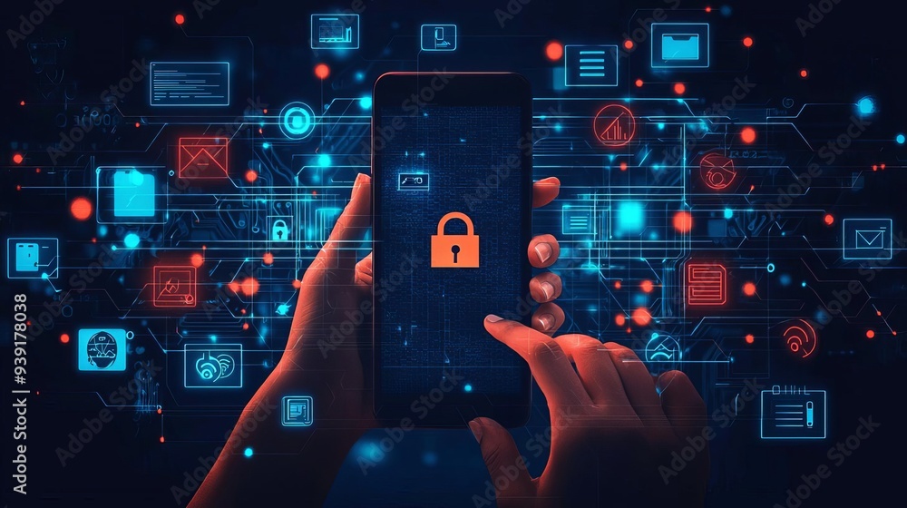 A person typing a PIN into a phone, with a firewall symbol and digital ...