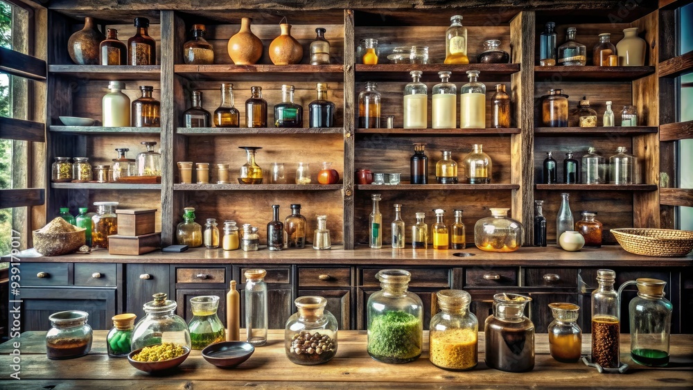 Retro apothecary showcases antique medicine bottles, vintage medical ...