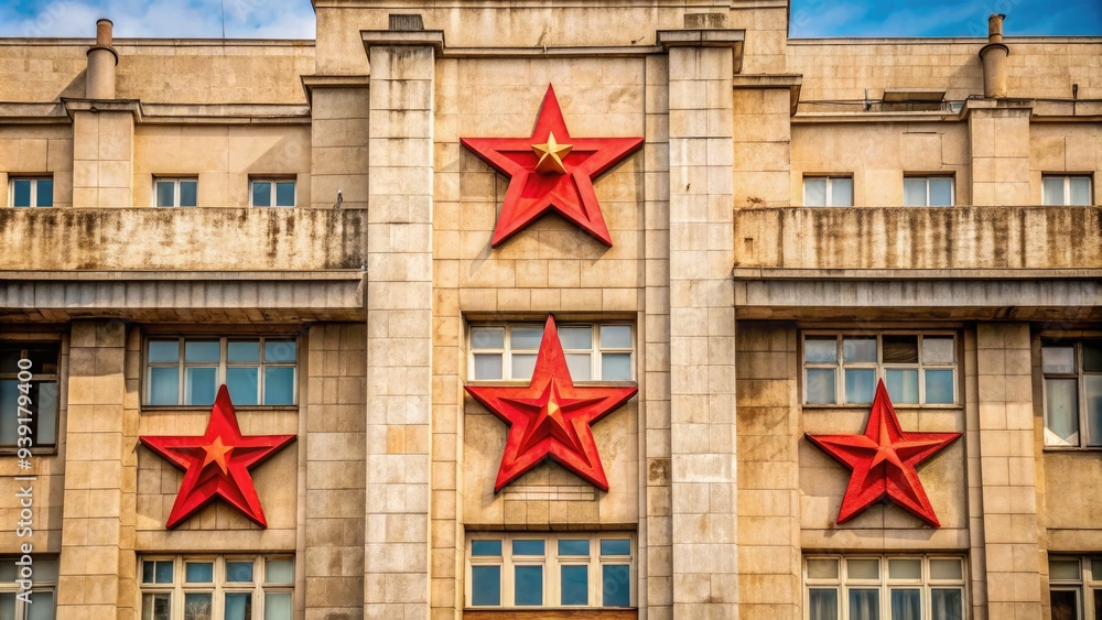 Retro Soviet-era architecture with hammer and sickle emblems, bright ...