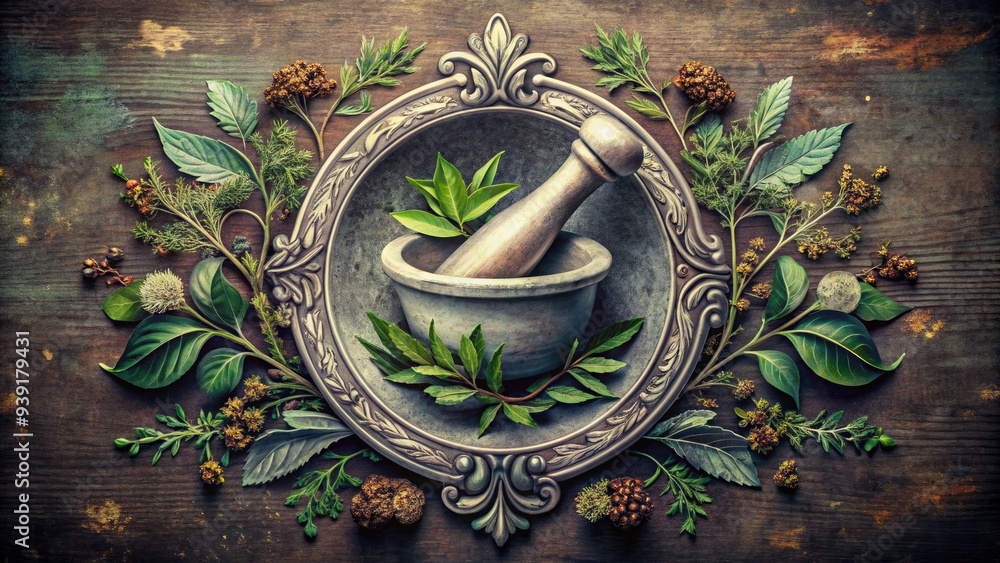 Retro-style apothecary logo featuring a distressed mortar and pestle ...