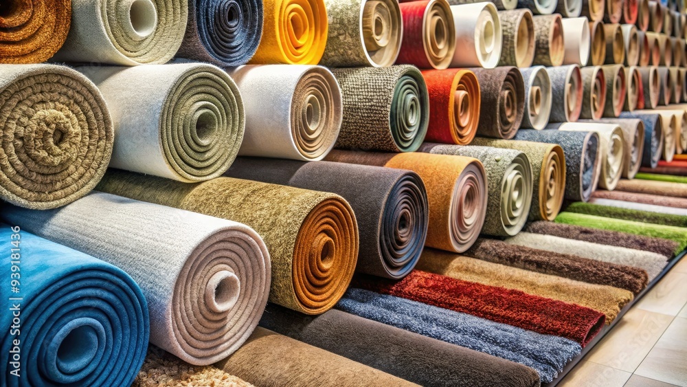 Rolled-up carpet samples in various colors and textures are displayed ...