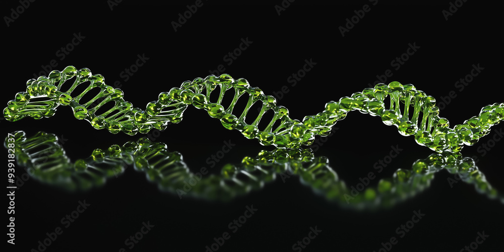 Green DNA strand on a transparent background with reflective spheres ...