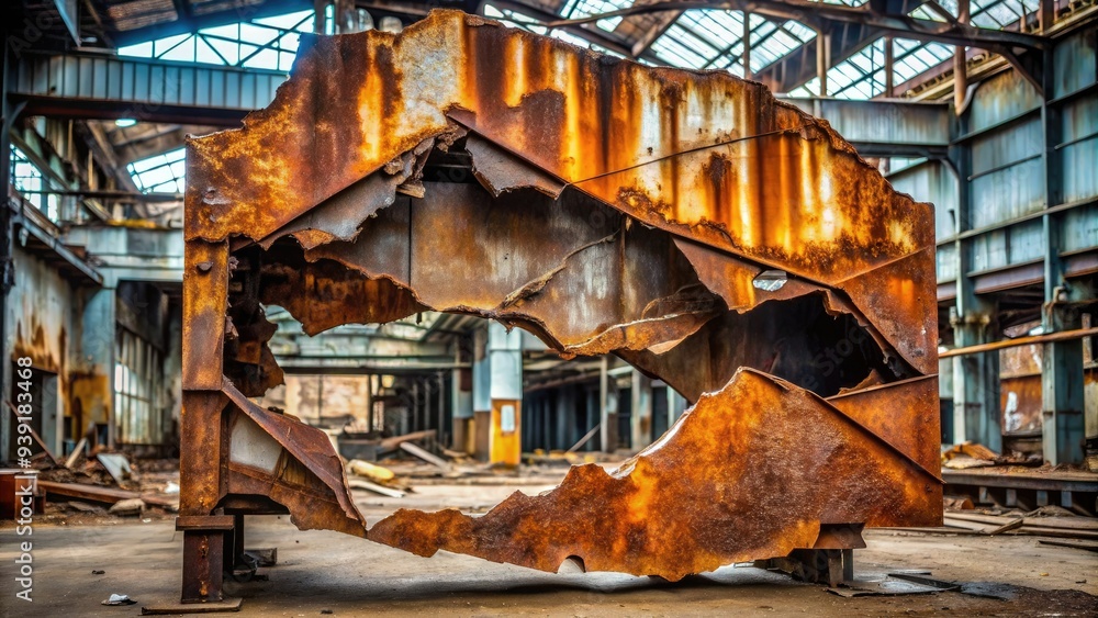 Rusted and twisted, a heavily damaged metal sheet with jagged edges and ...