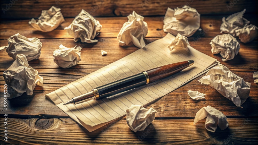 Rustic wooden desk with a vintage fountain pen lying across a crumpled ...