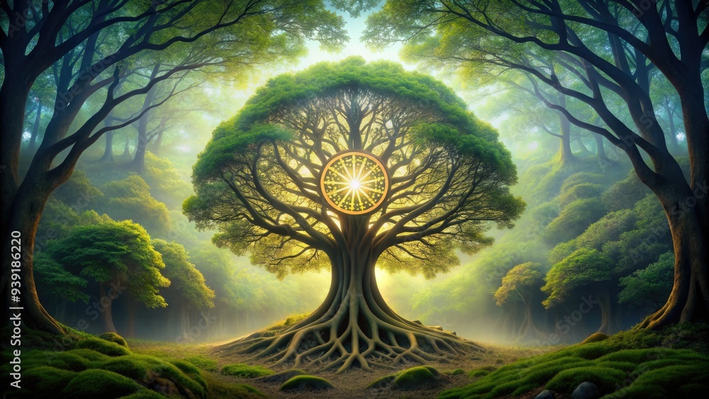 Sacred tree with intricate branches and roots forms a natural logo ...