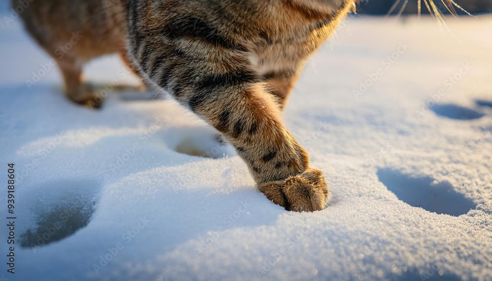 Cat’s paws stepping in fresh snow for the first time, leaving tiny paw ...