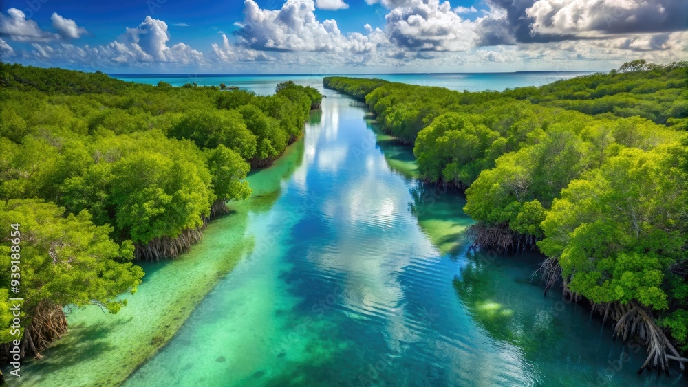 Serene aerial view of turquoise waters weaving through lush green ...
