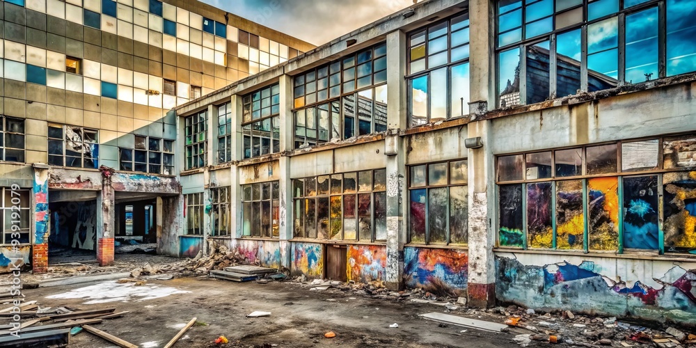 Corporate Casualty: Crumbling office building, broken windows, graffiti ...