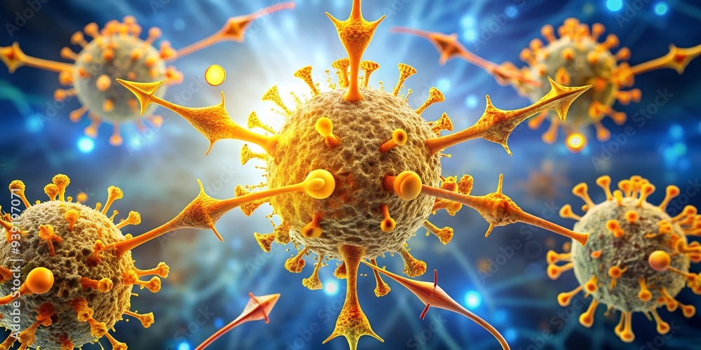 Viral Network: A microscopic view of a cluster of vibrant, spiky ...