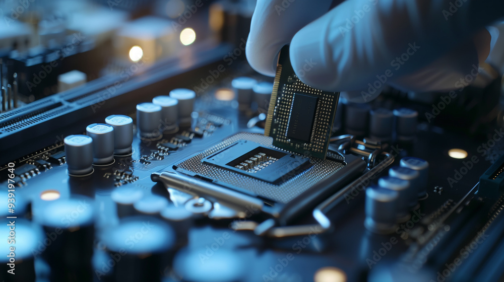 Gloved hand inserting a processor chip into a computer motherboard in a ...