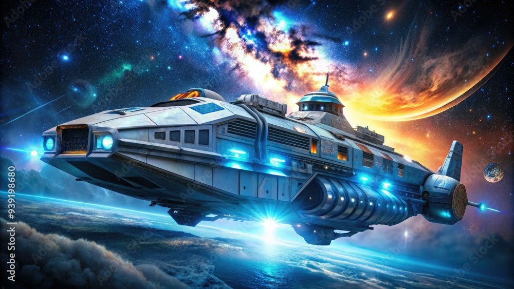 Sleek, futuristic spaceship transporter mockup set against a starry ...