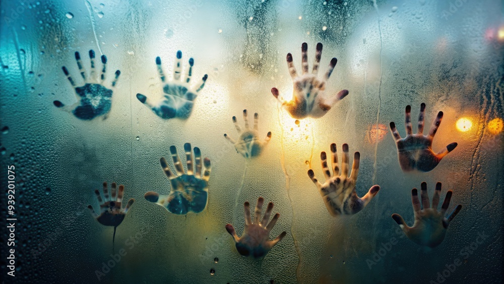 Small, tiny handprints in various sizes cover a foggy mirror, leaving ...