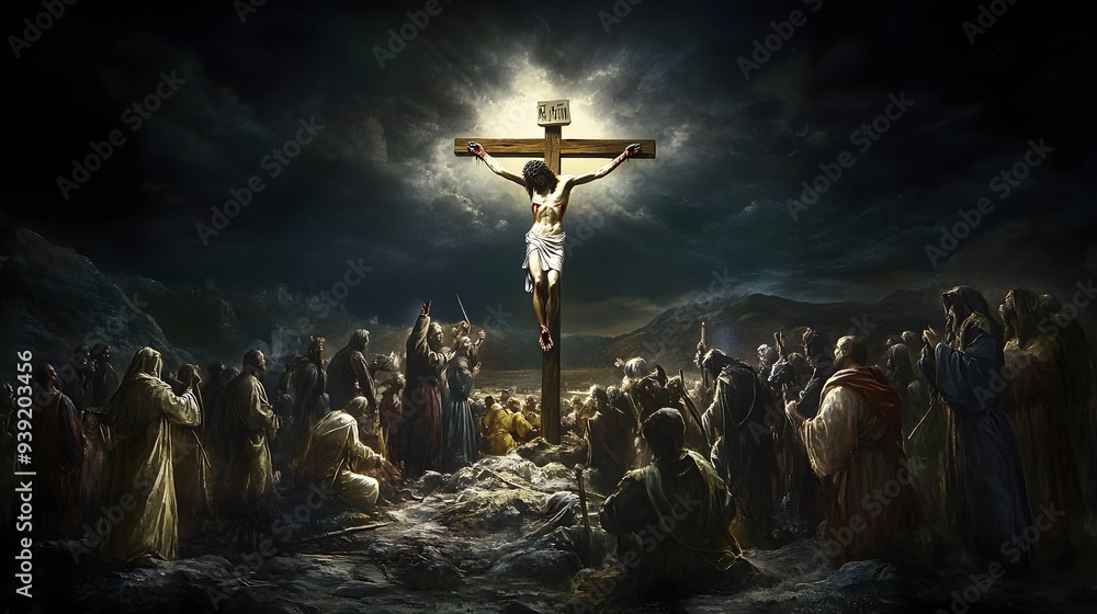 In a Profound Biblical Scene, the Crucifixion of Christ Unfolds in Religious Devotion, Capturing ...
