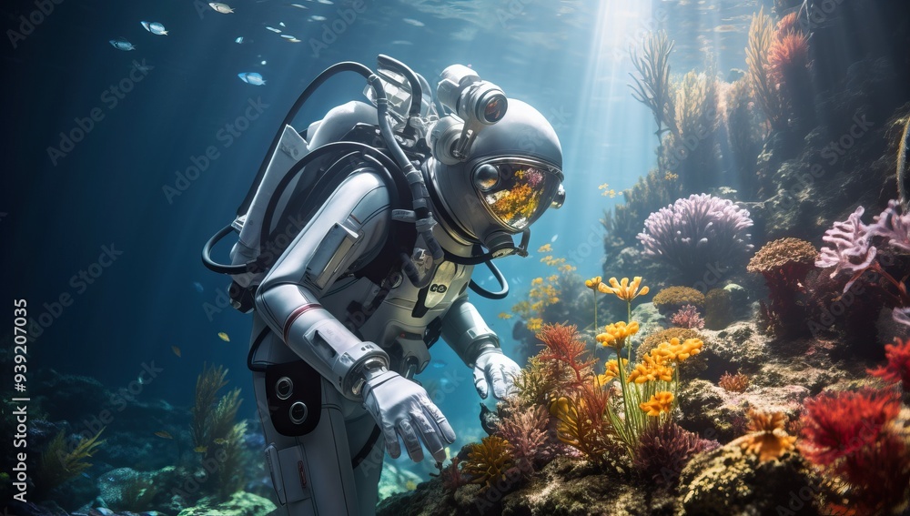 An astronaut explores a vibrant coral reef, showcasing the wonders of underwater exploration and ...