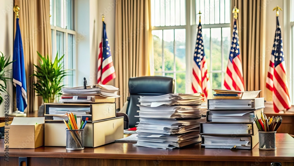 Stacks of official documents, files, and binders clutter a desk, with ...