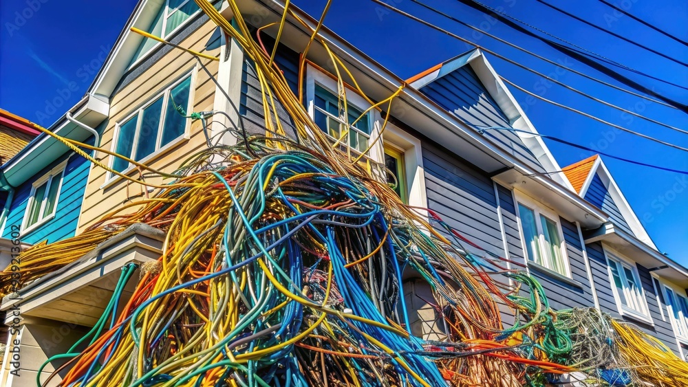 Tangled mess of colorful electrical wires and cords cluttering the ...