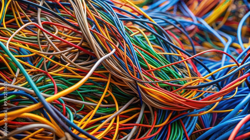 Tangled mess of colorful wires and cables crisscrossing inmid-air ...
