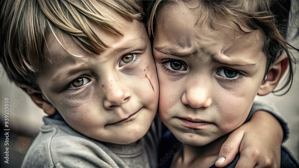 Tears, fear, and despair etched on their young faces, two childhood ...