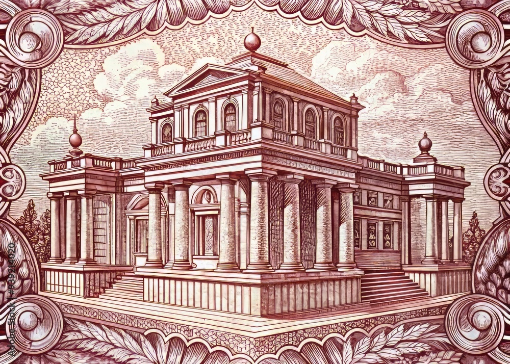 Neoclassical Banknote Design: Marble textures, classical motifs, grand ...