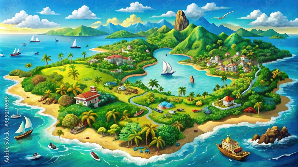 Vibrant, illustrated map of Puerto Rico showcases lush green forests ...