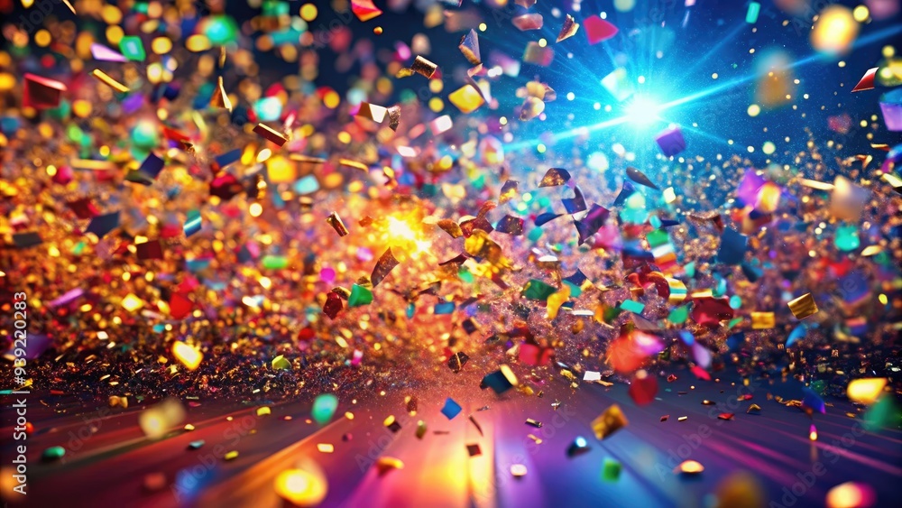 Vibrant, shimmering metallic confetti swirls in mid-air, suspended ...