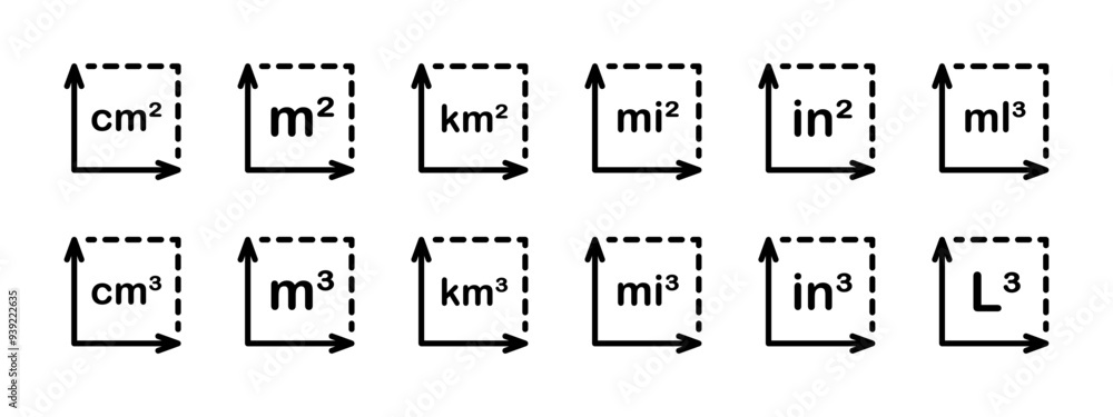 Units of measurement icon set. Square meter, kilometer, centimetre ...