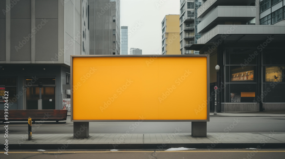 A large yellow advertisement board occupies a city street, flanked by ...
