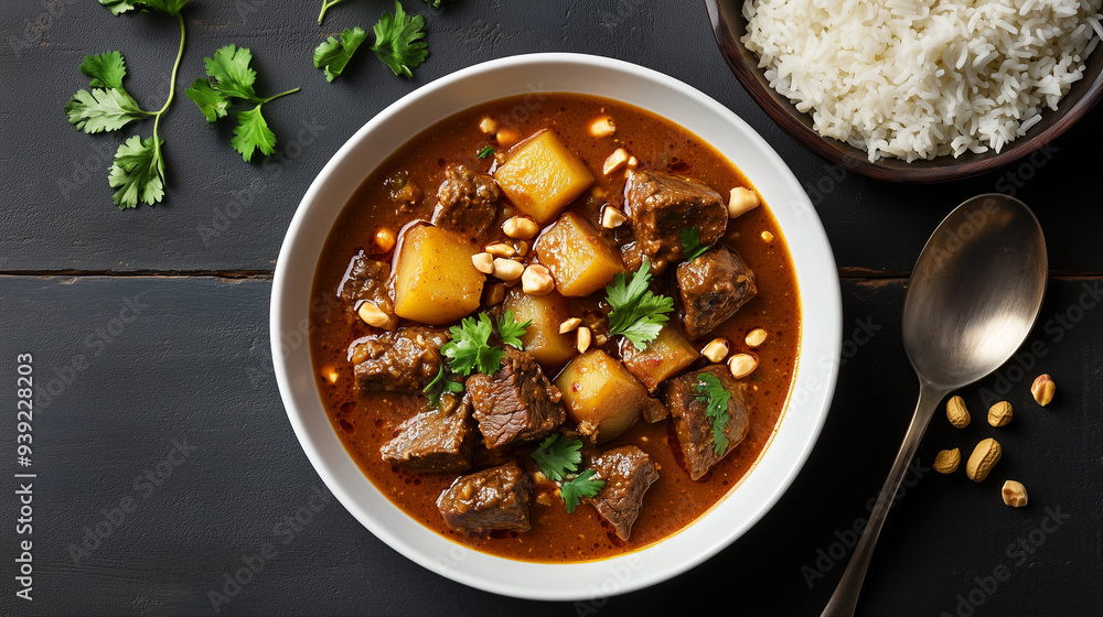 The photo of delicious Thai food Massaman serve with steam rice ...